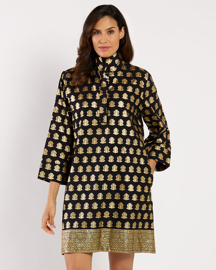 Helen Dress Cotton Voile in Foulard Border Black Gold| Jude Connally