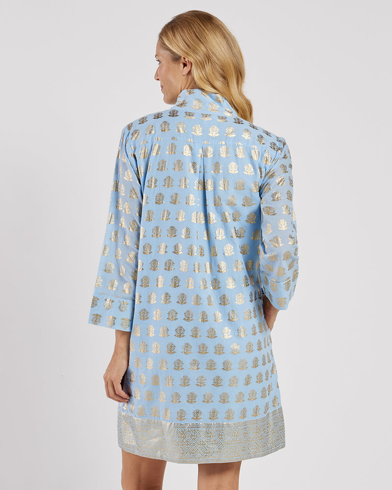 Helen Dress Cotton Voile in Foulard Border Lt Blue Gold| Jude Connally