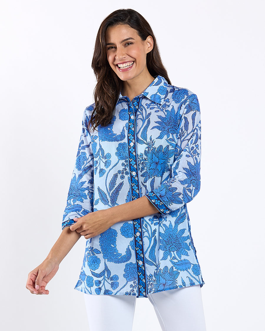 Sharon Dress Cotton Voile in Flora Blockprint Peri| Jude Connally